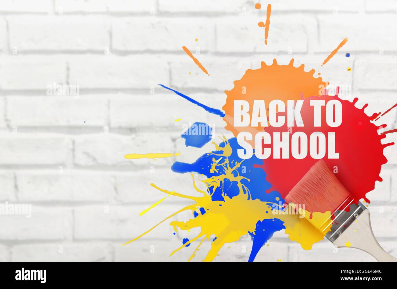 Back to school paint splash stencil with brush on brick wall Stock ...