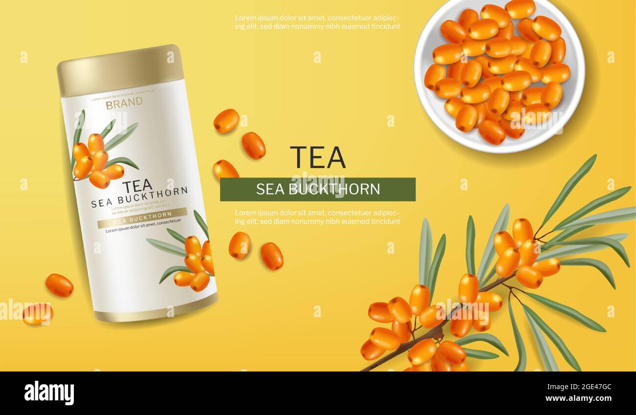 Buckthorn tea vector realistic. Product placement label design. Healthy ...