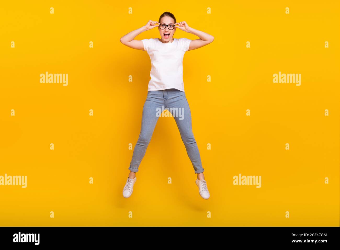 Full body photo of young woman happy positive smile hands touch ...
