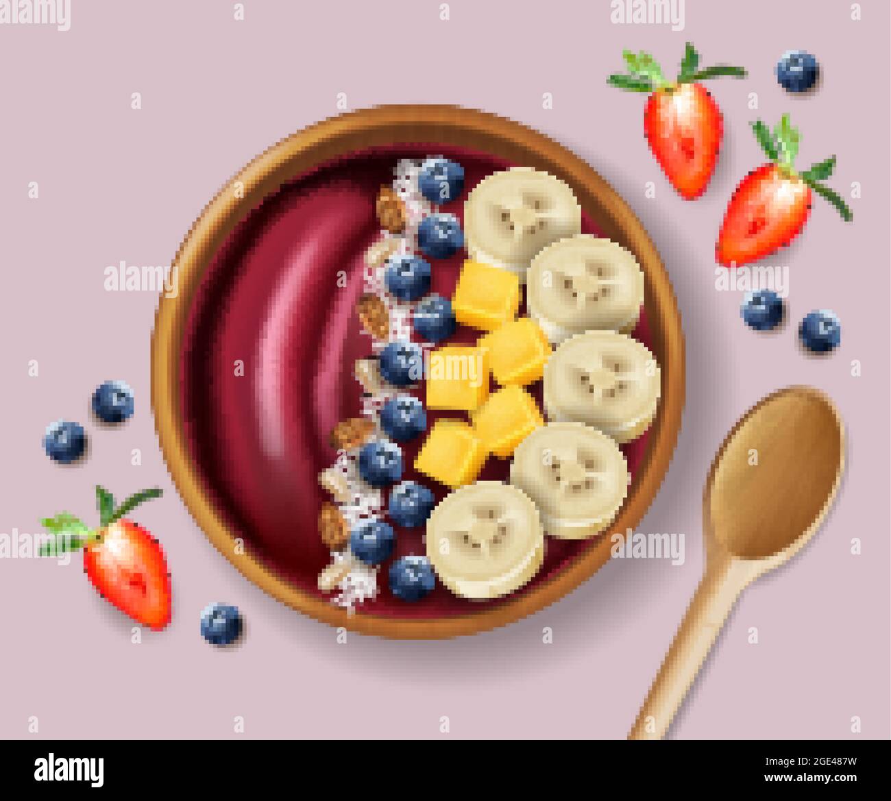 Acai bowl vector realistic mock up. Banana and fruits on top. Green ...
