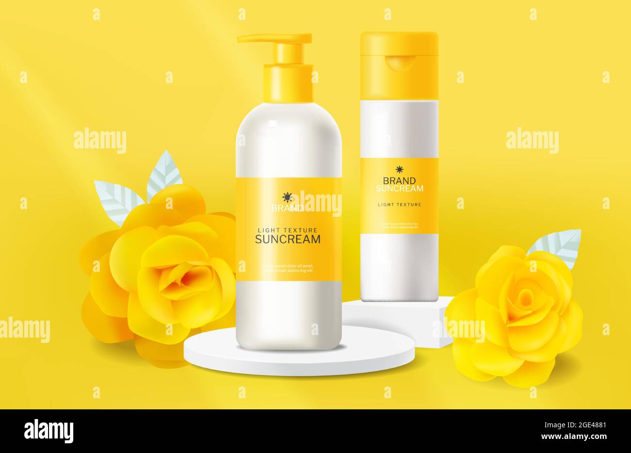 Yellow cosmetics sunscreen lotion vector realistic. Product placement ...