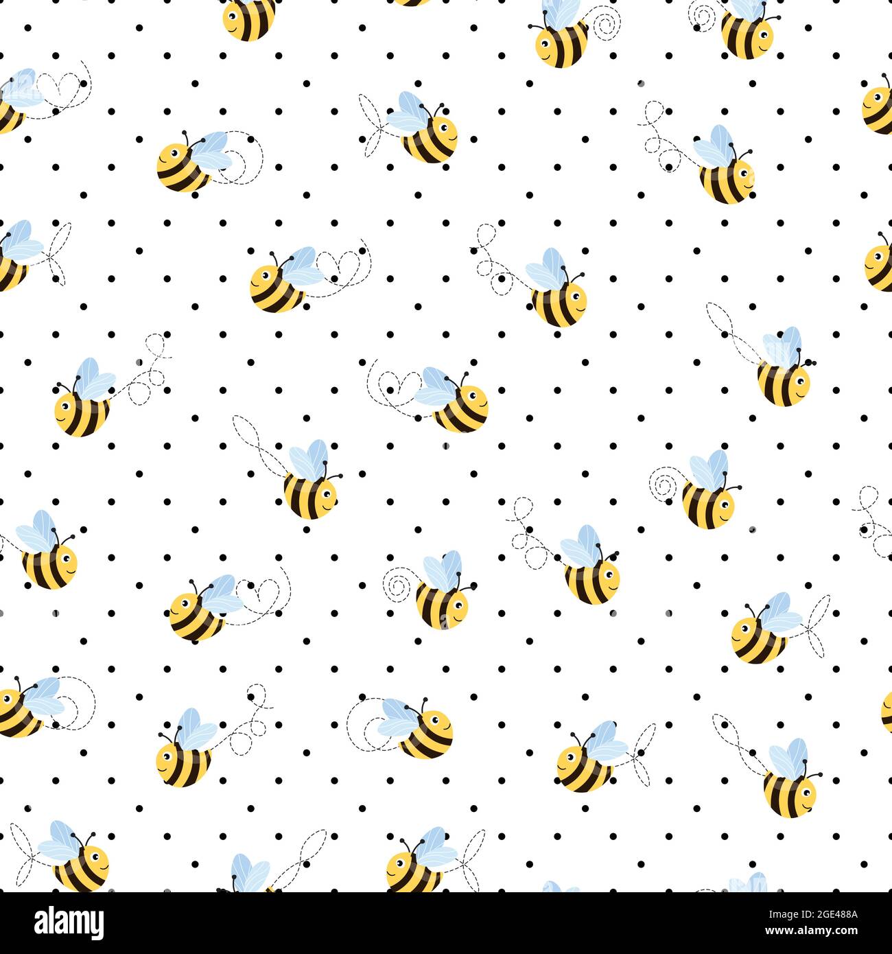 Seamless pattern with bees on white polka dots background. Small wasp ...