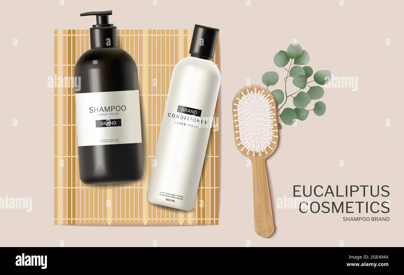 Shampoo and oils on Bamboo mat vector realistic Natural sustainable ...