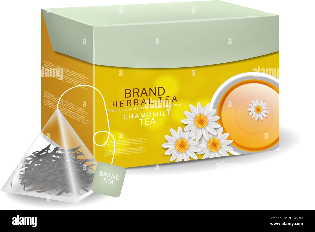 Chamomile tea pack in triangle bags infusion. Organic herbs vector ...