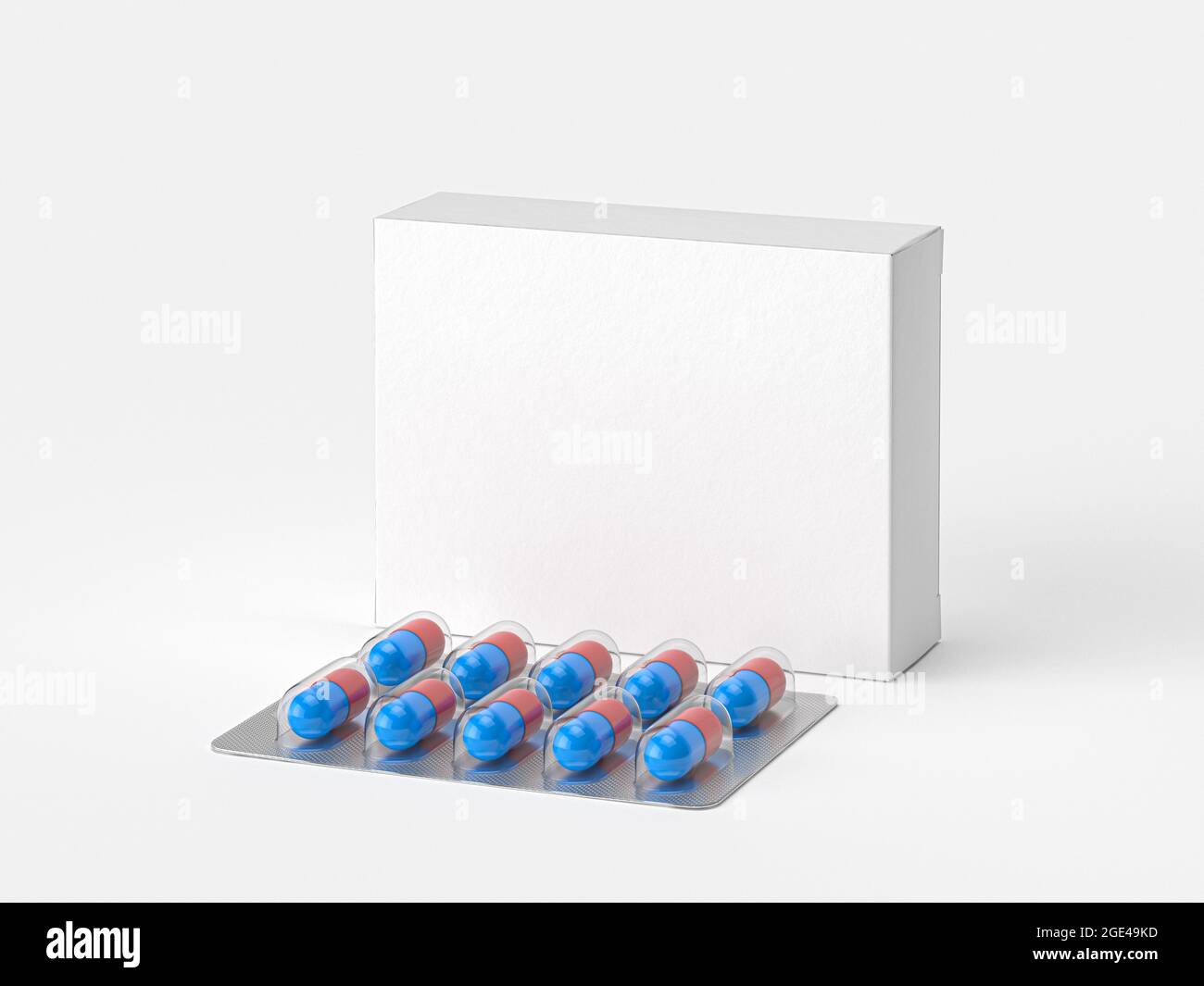 Closeup of blank drug box with pharmaceutical blister pack with ten ...