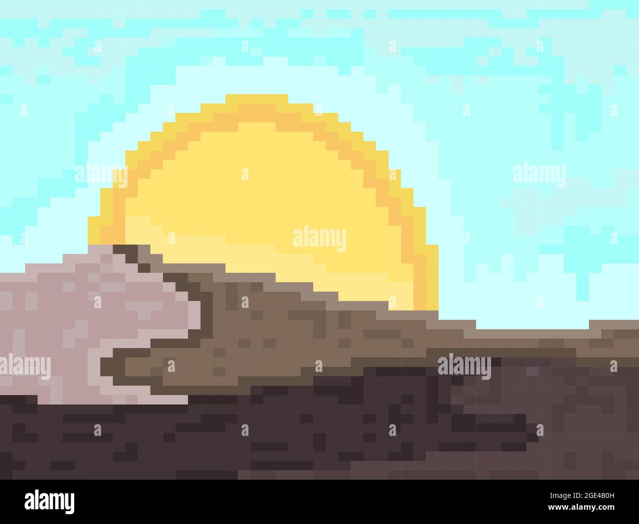 Pixel landscape with mountains and sun. Sunrise over the mountains in ...