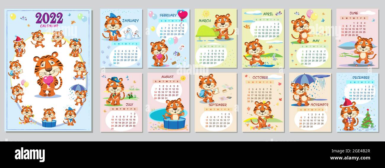 Cute Tiger Wall Calendar Template for 2022, Year of the Tiger, Chinese ...