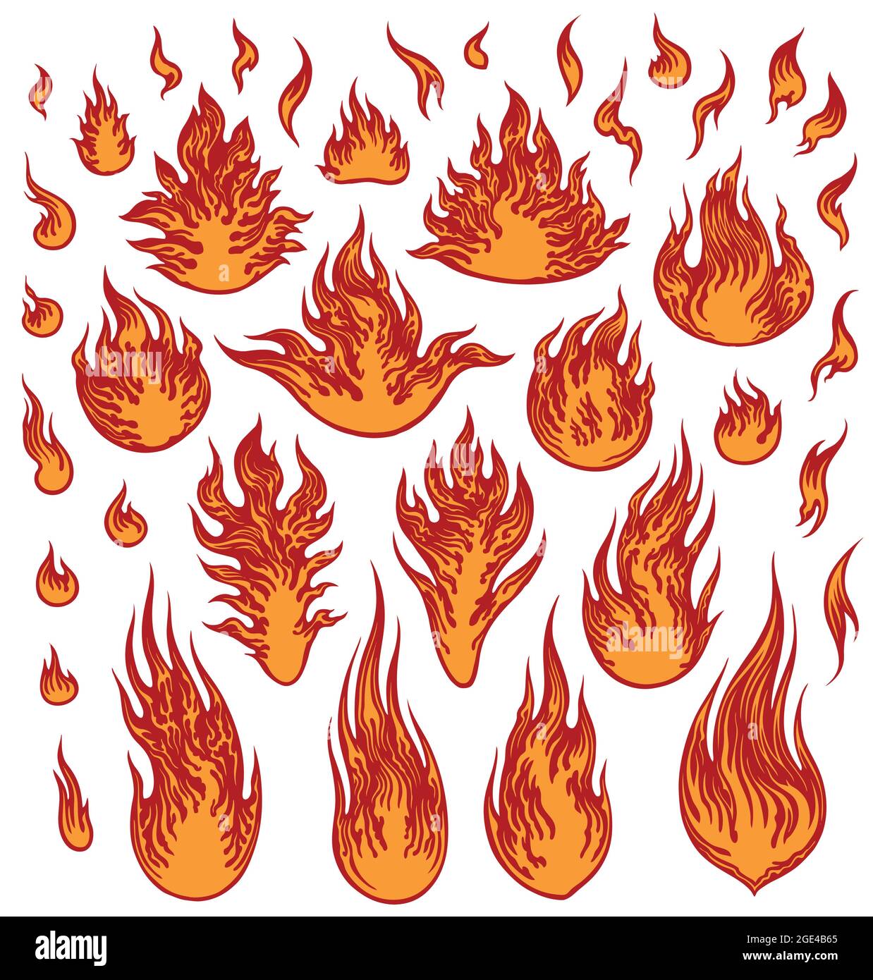 Flames. Design set. Editable hand drawn illustration. Vector engraving ...