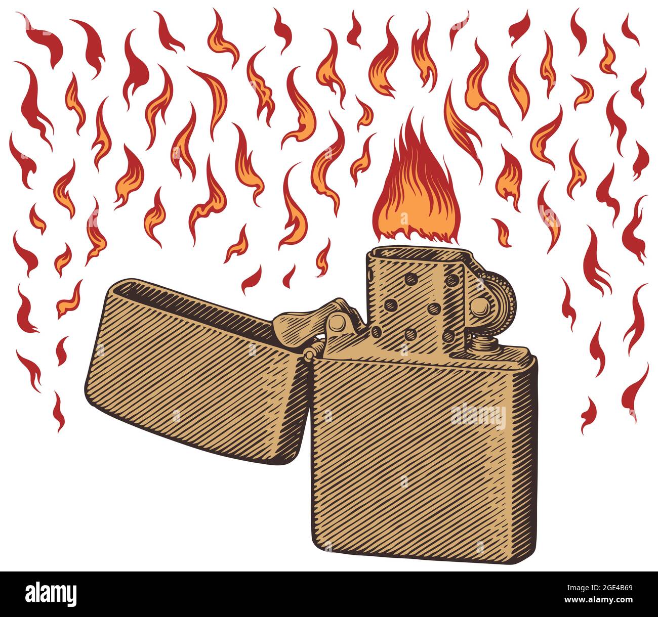 Lighter and flames. Design set. Editable hand drawn illustration ...