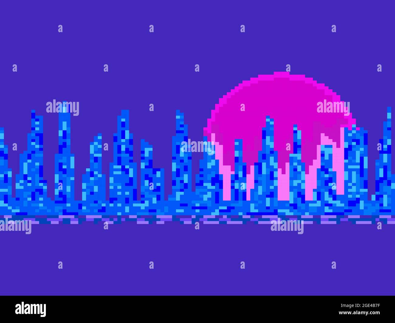 City landscape at sunset in the style of pixel art. Retro 8-bit video ...