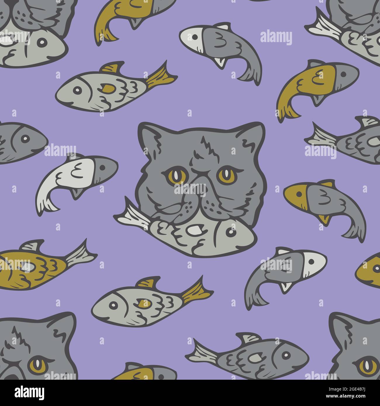 Vector seamless pattern with cats faces and fish. Cat with fish in its ...