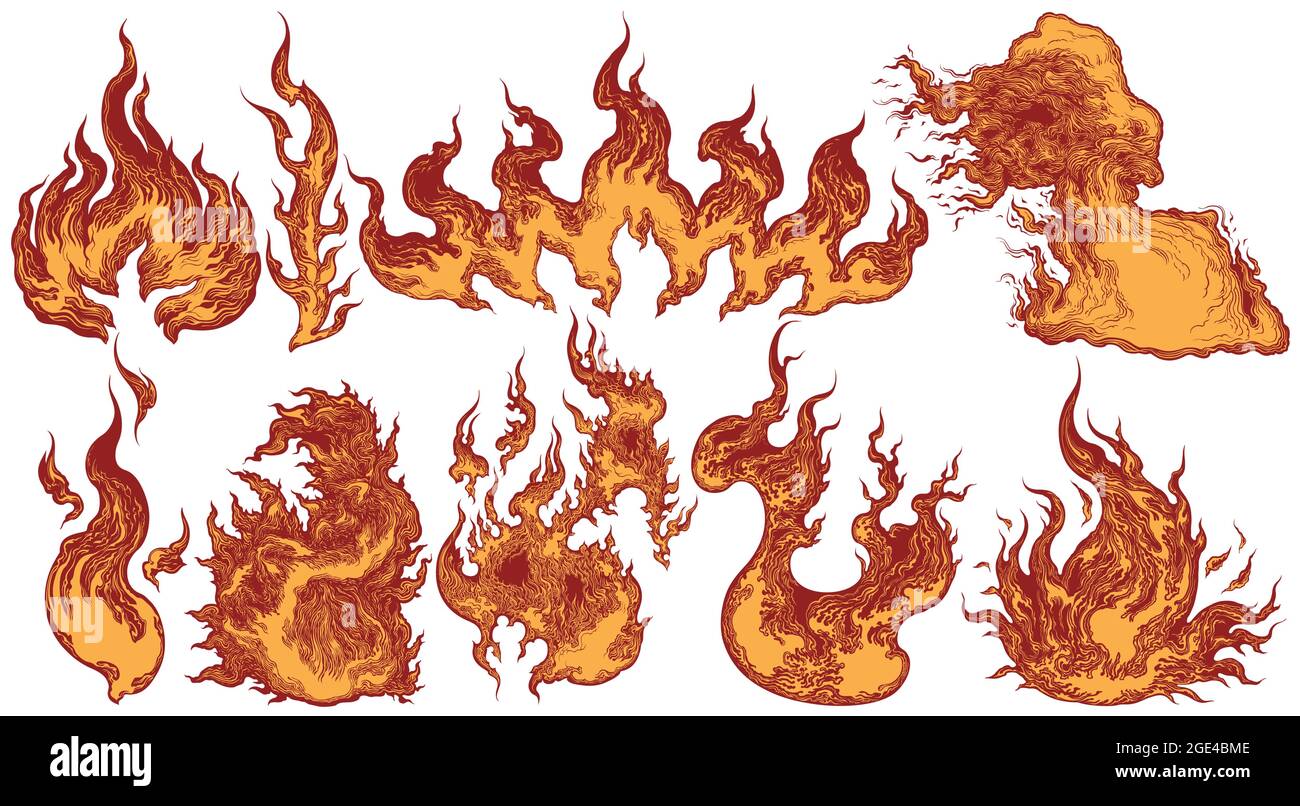 Flames. Design set. Editable hand drawn illustration. Vector engraving ...