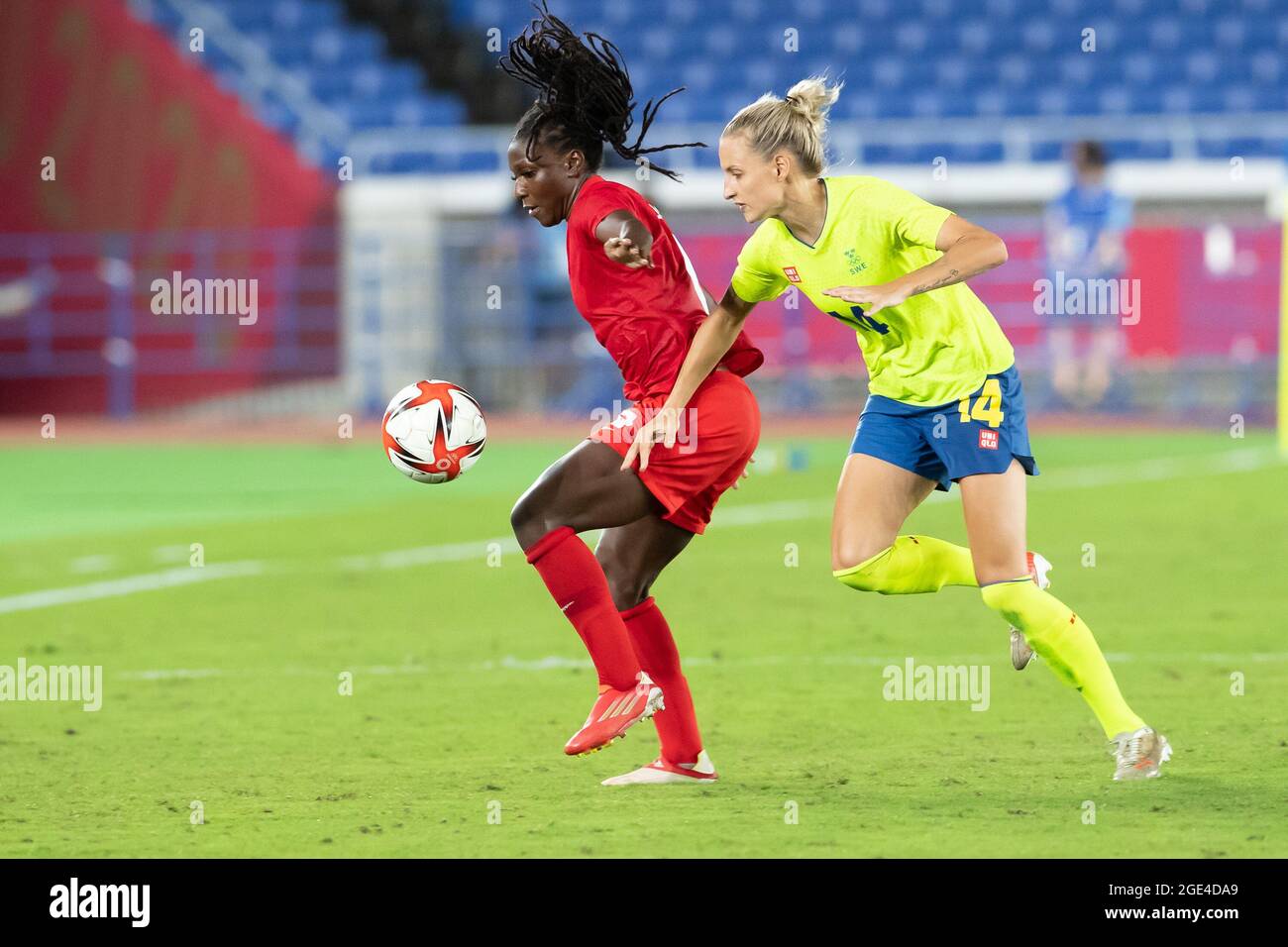 August 06, 2021: Deanne Rose (6) of Canada shields the ball as Nathalie ...