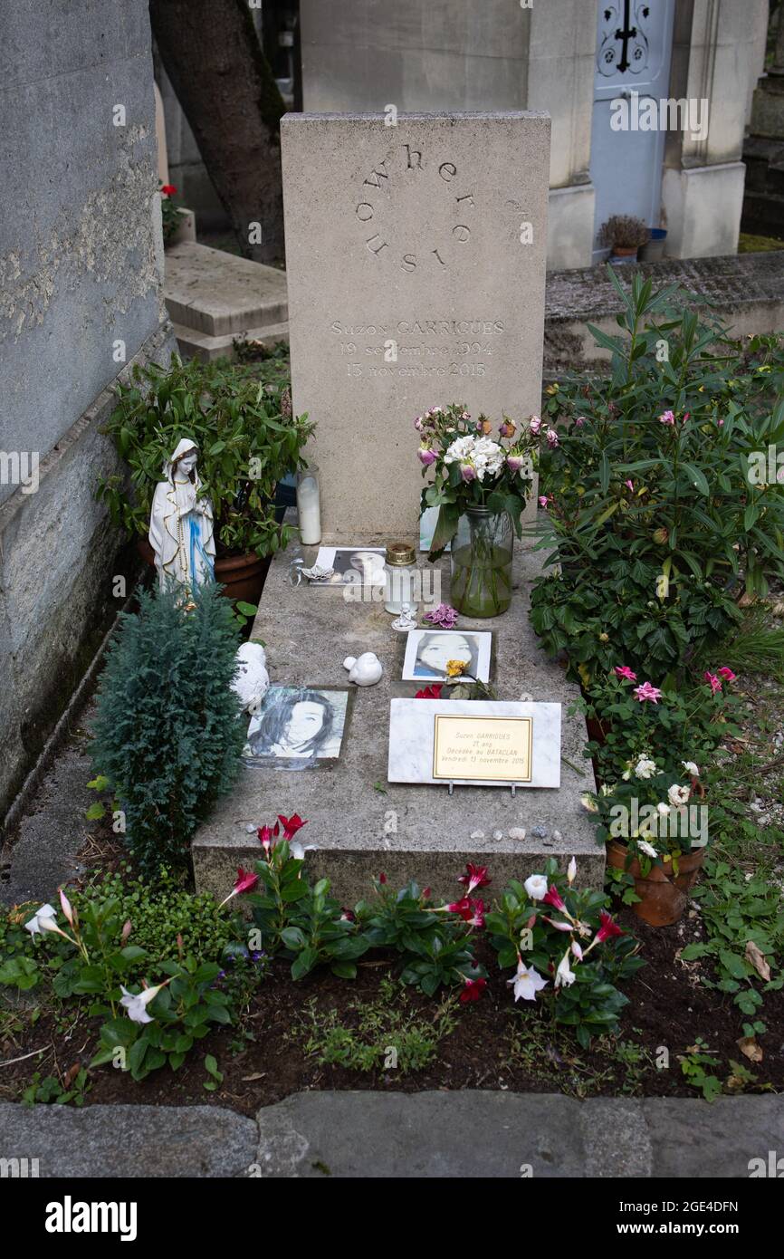 Grave of a victim of the Bataclan attack Suzon Garrigues at the Pere ...