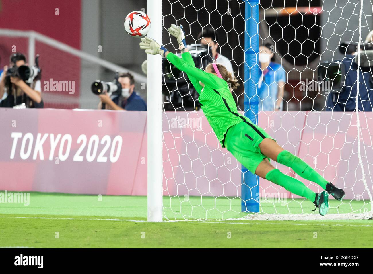 August 06, 2021: Goalkeeper Stephanie Labbe (1) of Canada makes a save ...