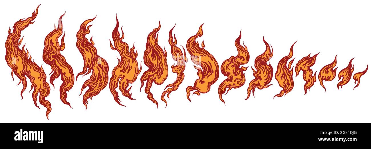 Flames. Design set. Editable hand drawn illustration. Vector engraving ...