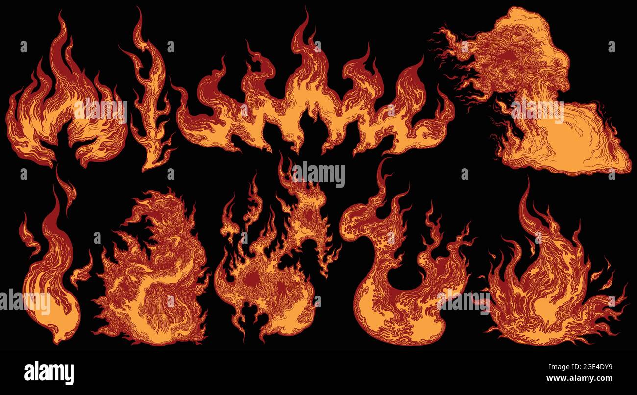Flames. Design set. Editable hand drawn illustration. Vector engraving ...