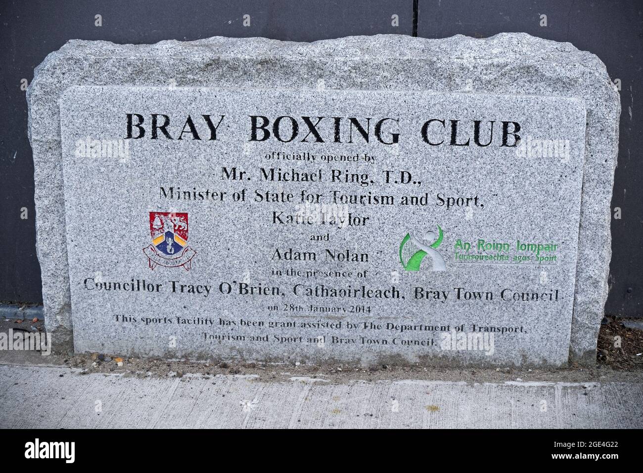 BRAY, IRELAND - Jul 02, 2021: Stone commemorating the official opening ...