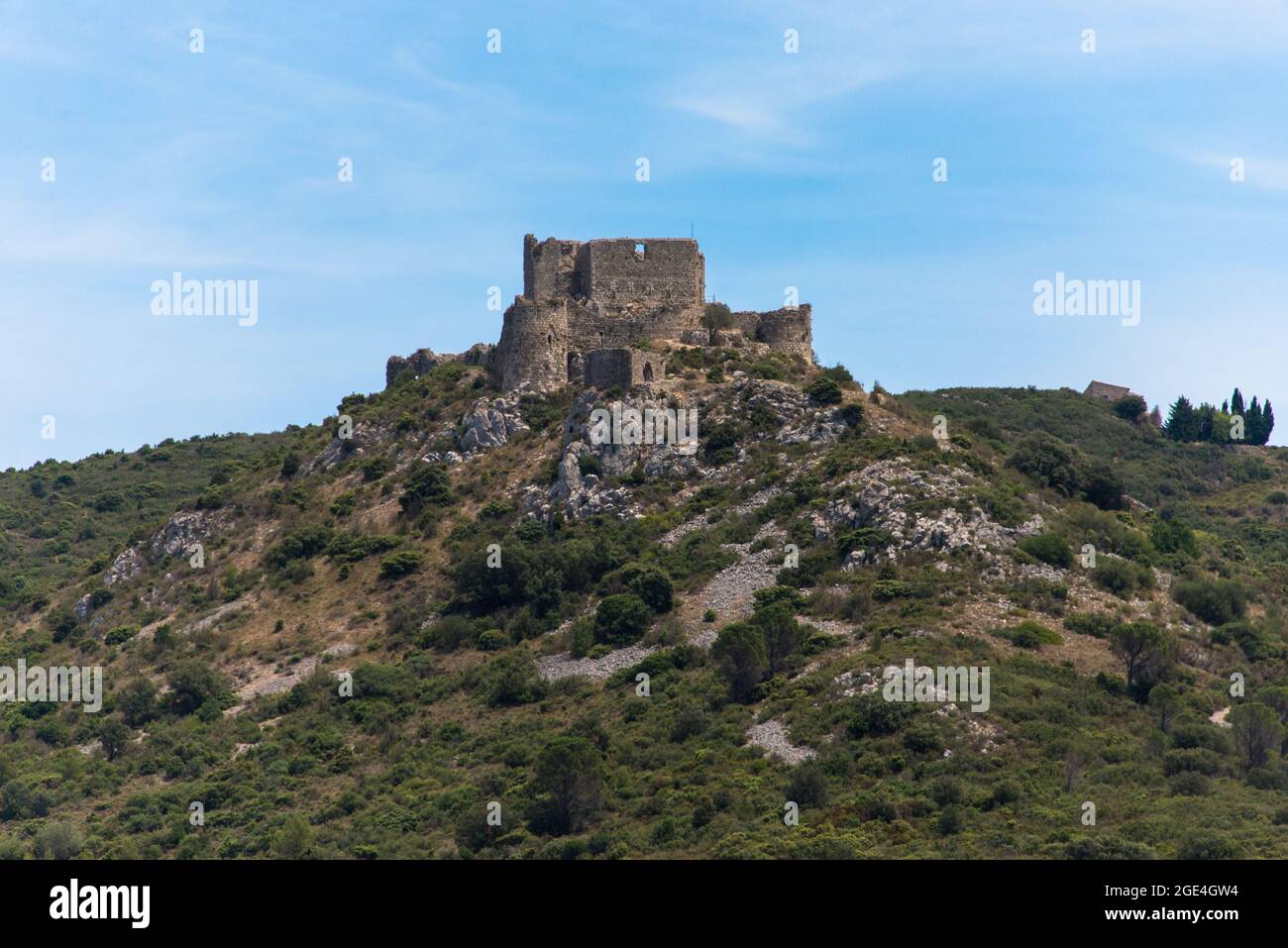 Aguilar castle near Tuchan in the Corbières region of Southern France ...