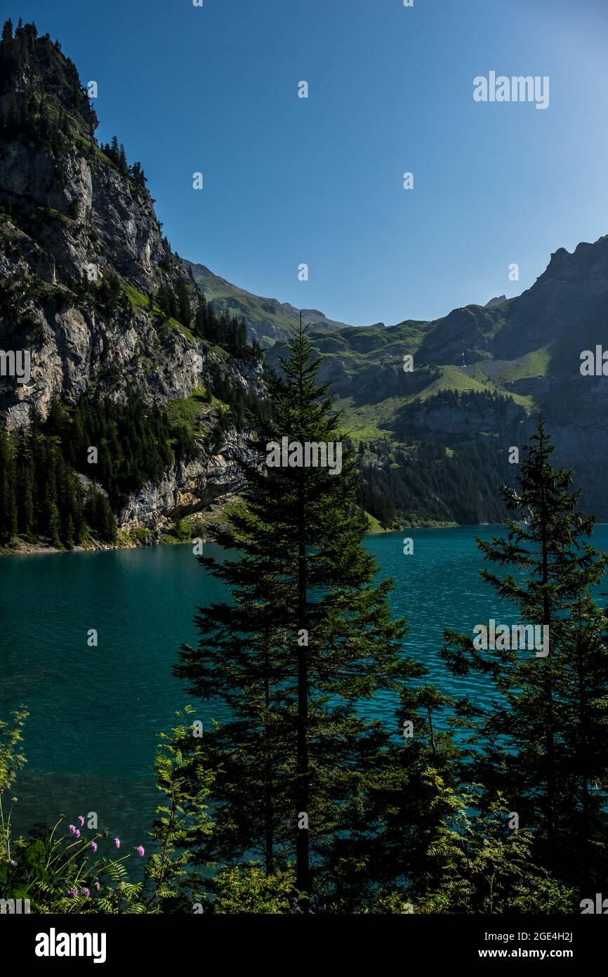 Landscape panoramic view of the Blümisalp Mountain and the Oeschinen ...