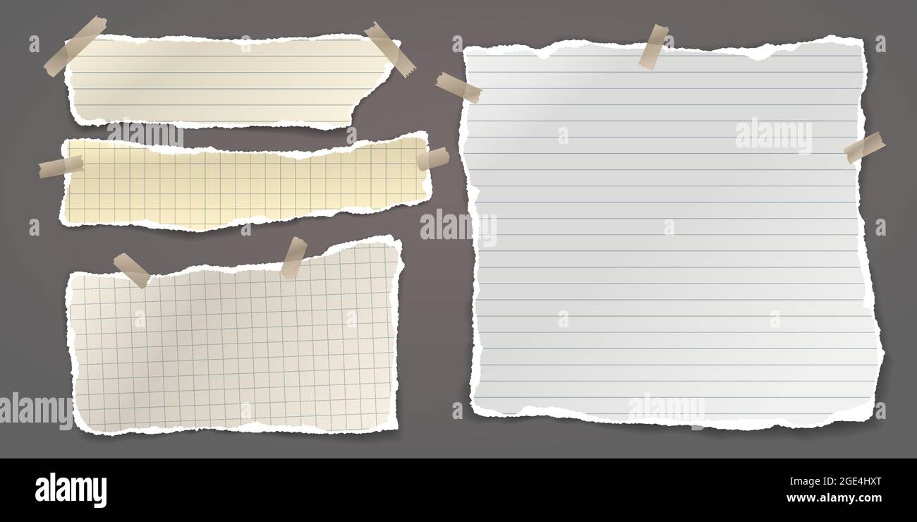 Set of torn white and yellow note, notebook paper stripes are on dark ...