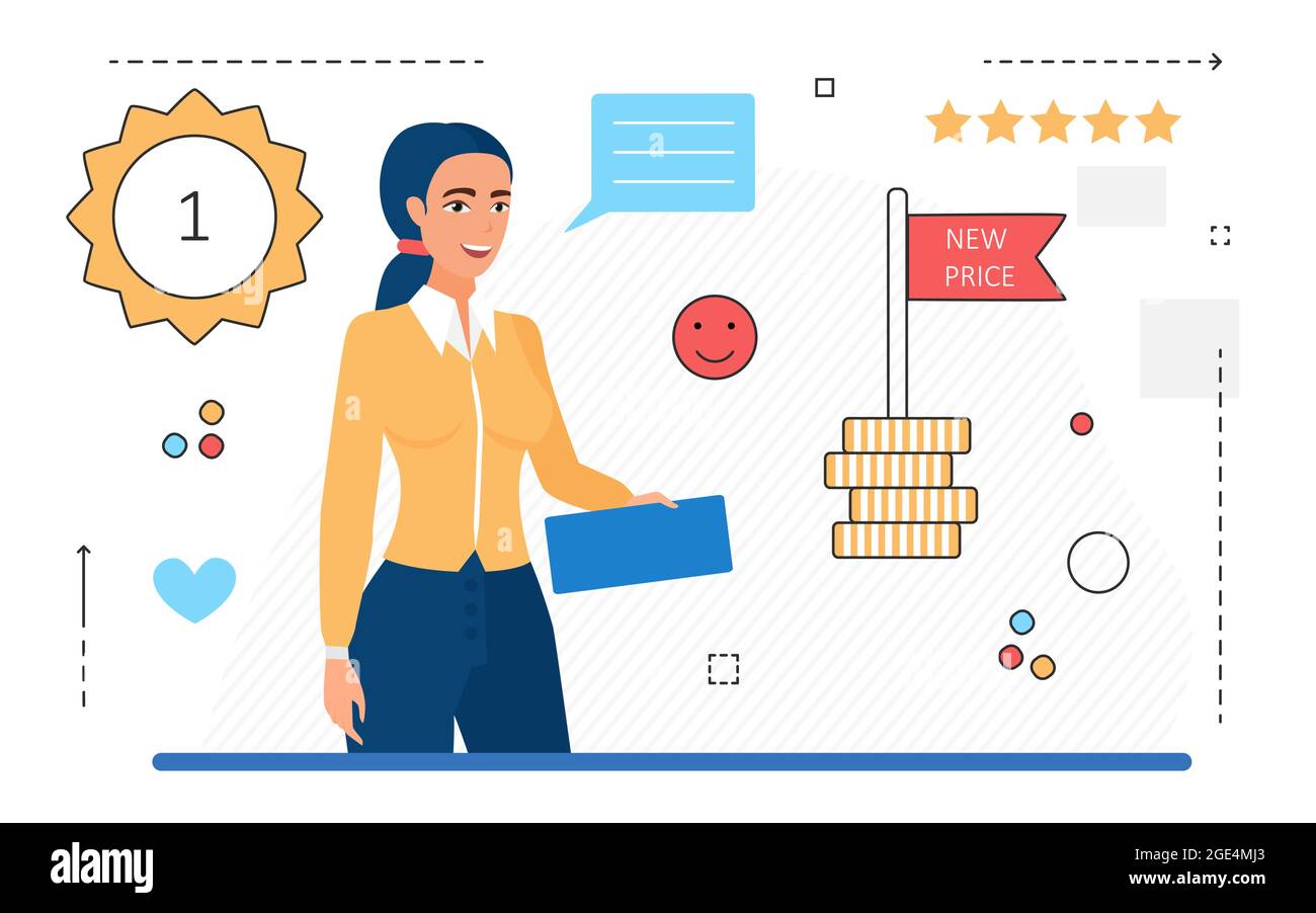 Business success strategy, leader woman character and line icons ...