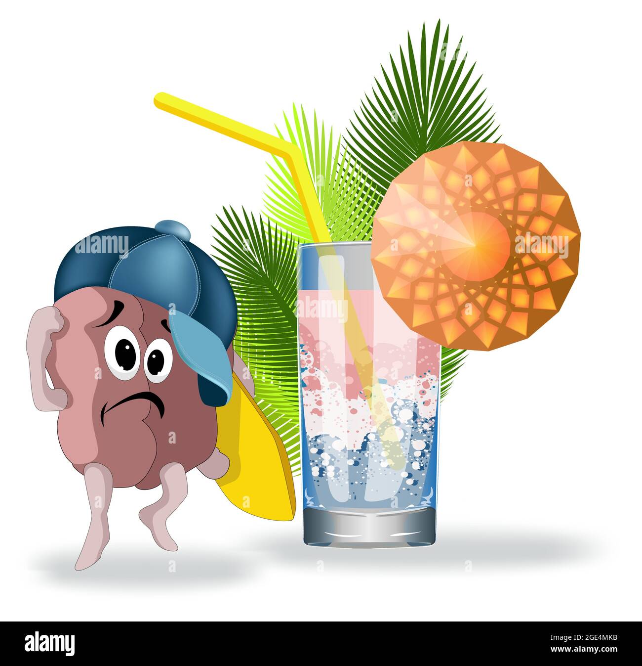 Vector image of a character in the form of a brain with a surfboard and ...