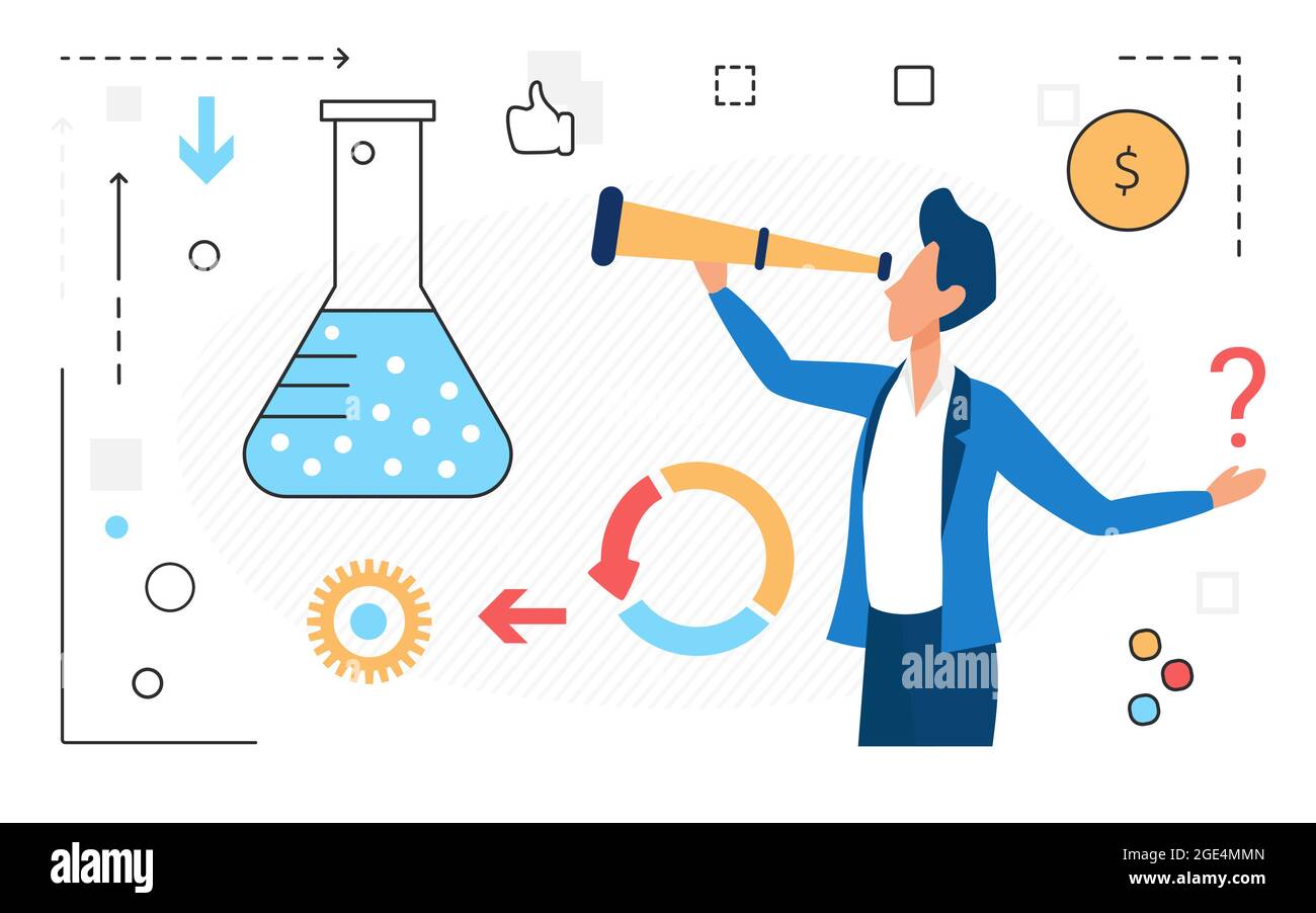 Science experiment process, man character with spyglass telescope and ...