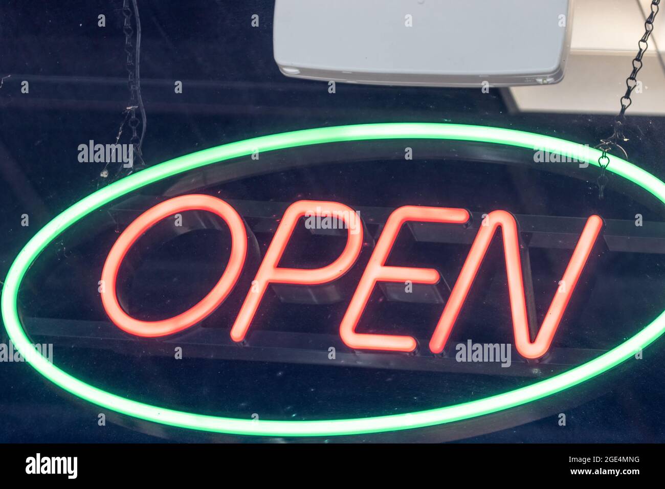 neon red and blue open sign in window Stock Photo - Alamy