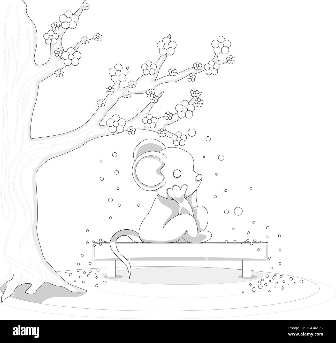 Vector image of a mouse sitting under a flowering tree on a bench Stock ...