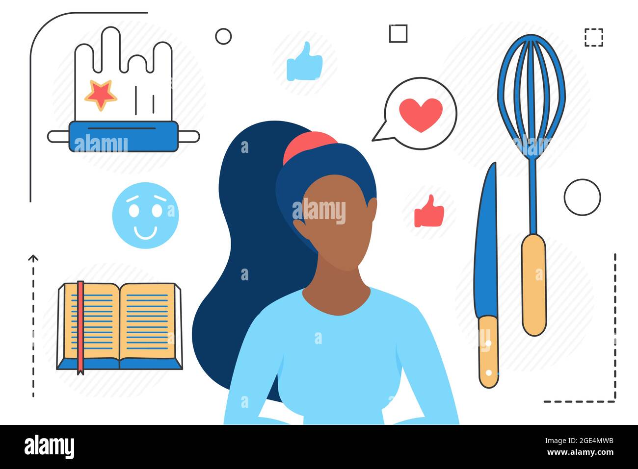 Food cooking, woman character, chef tools and recipe book line icon ...