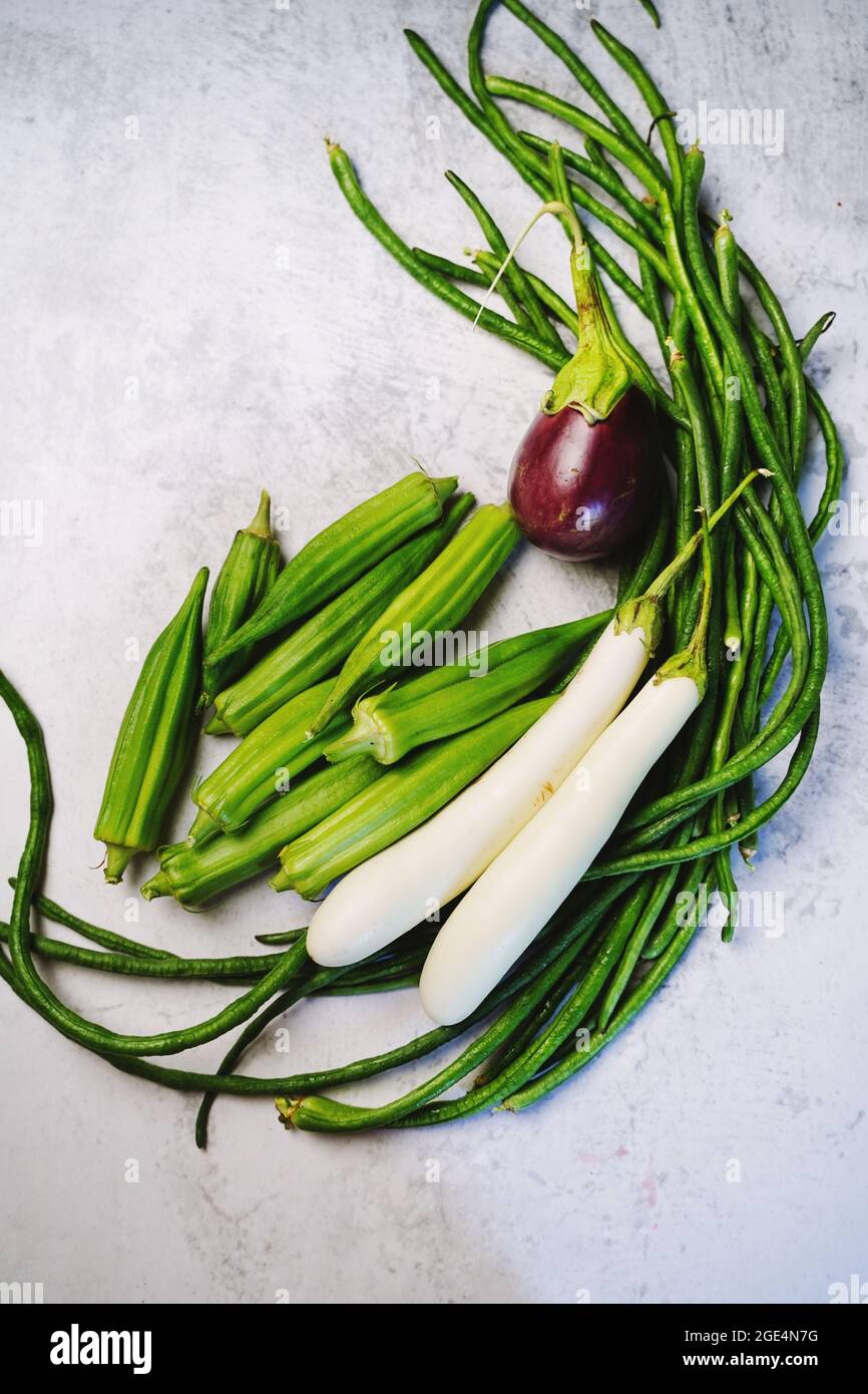 Fresh picked garden vegetables - long beans,Moringa leaves okra Stock ...