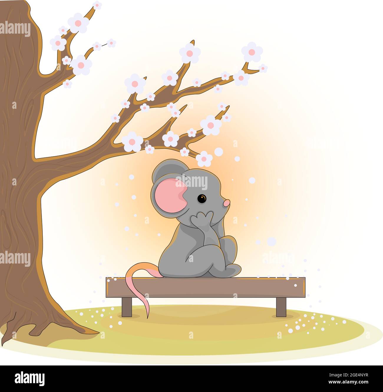 Vector image of a mouse sitting under a flowering tree on a bench Stock ...