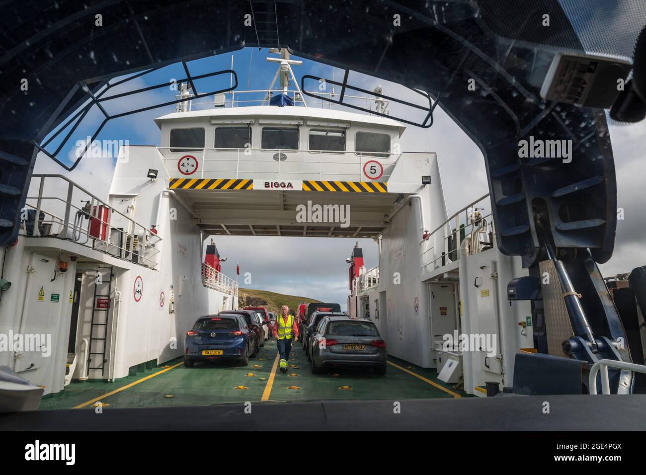 View from inside car boarding the MV Bigga car ferry from the island of ...