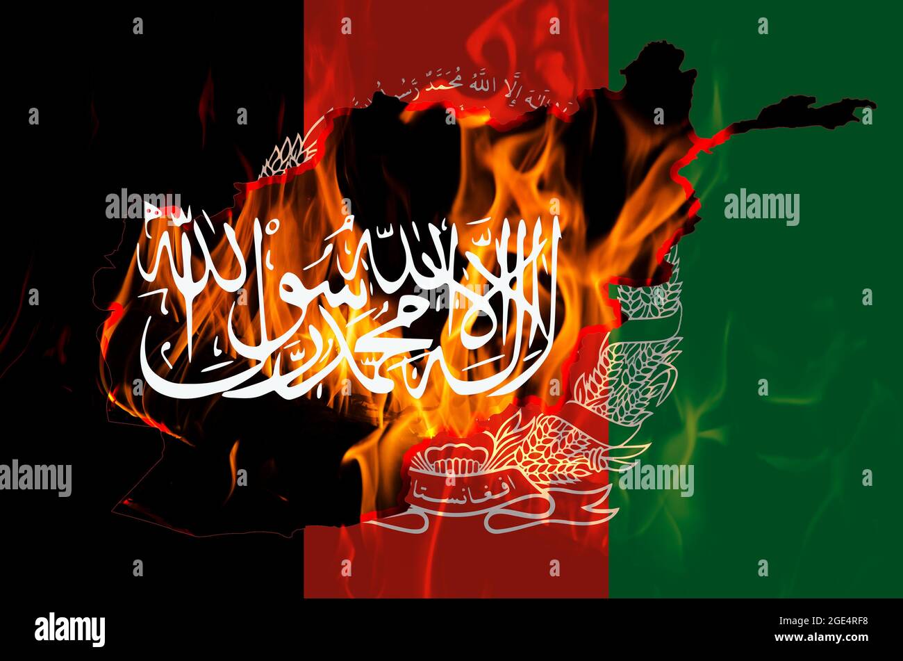 Afghanistan flag, Taliban insignia and country outline map with burning ...