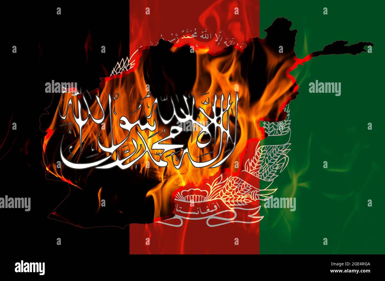 Afghanistan flag, Taliban insignia and country outline map with burning ...