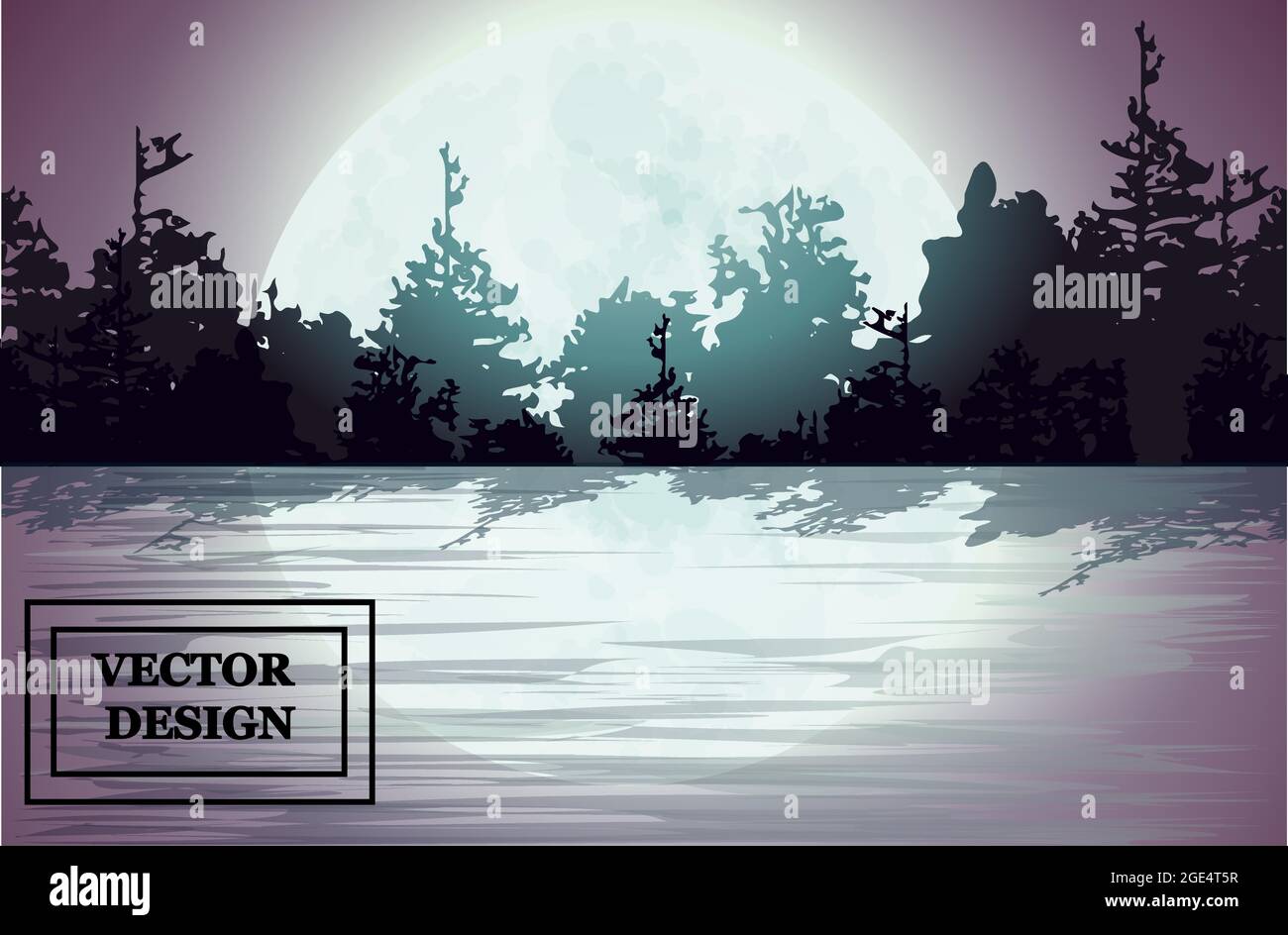 Vector background image of a lake against a forest in purple cold ...