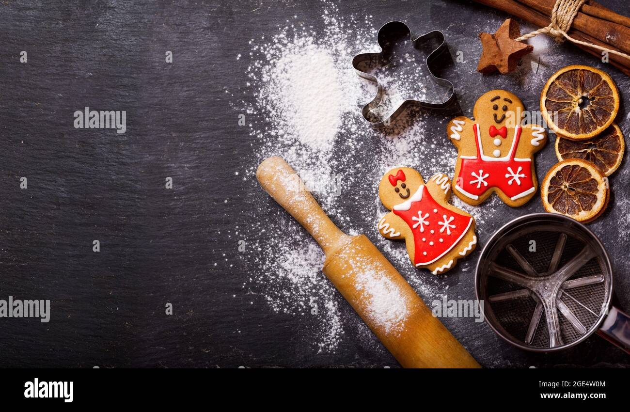 Christmas food. Ingredients for Christmas baking: kitchen utensils and ...