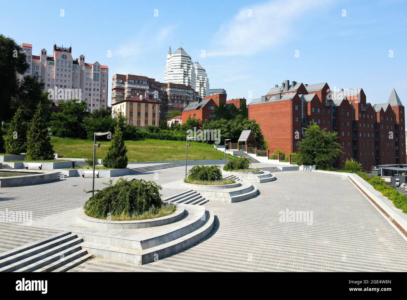 A beautiful view of the city, red brick buildings and skyscrapers opens ...