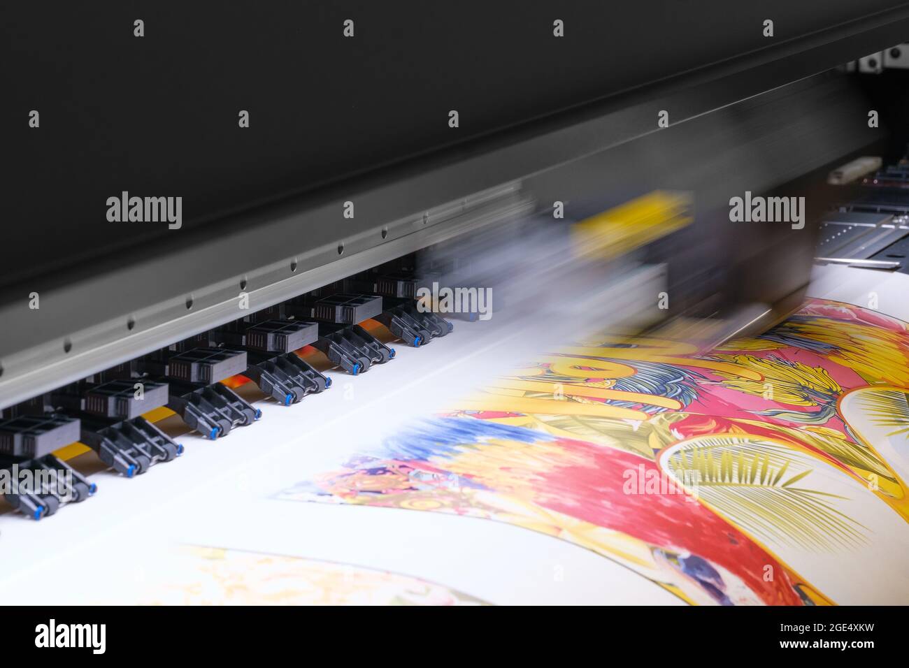 Industrial printing on woven material; modern digital inkjet printer ...