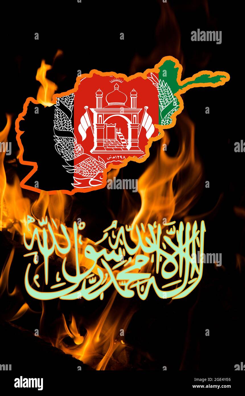 Afghanistan flag, Taliban insignia and country outline map with burning ...