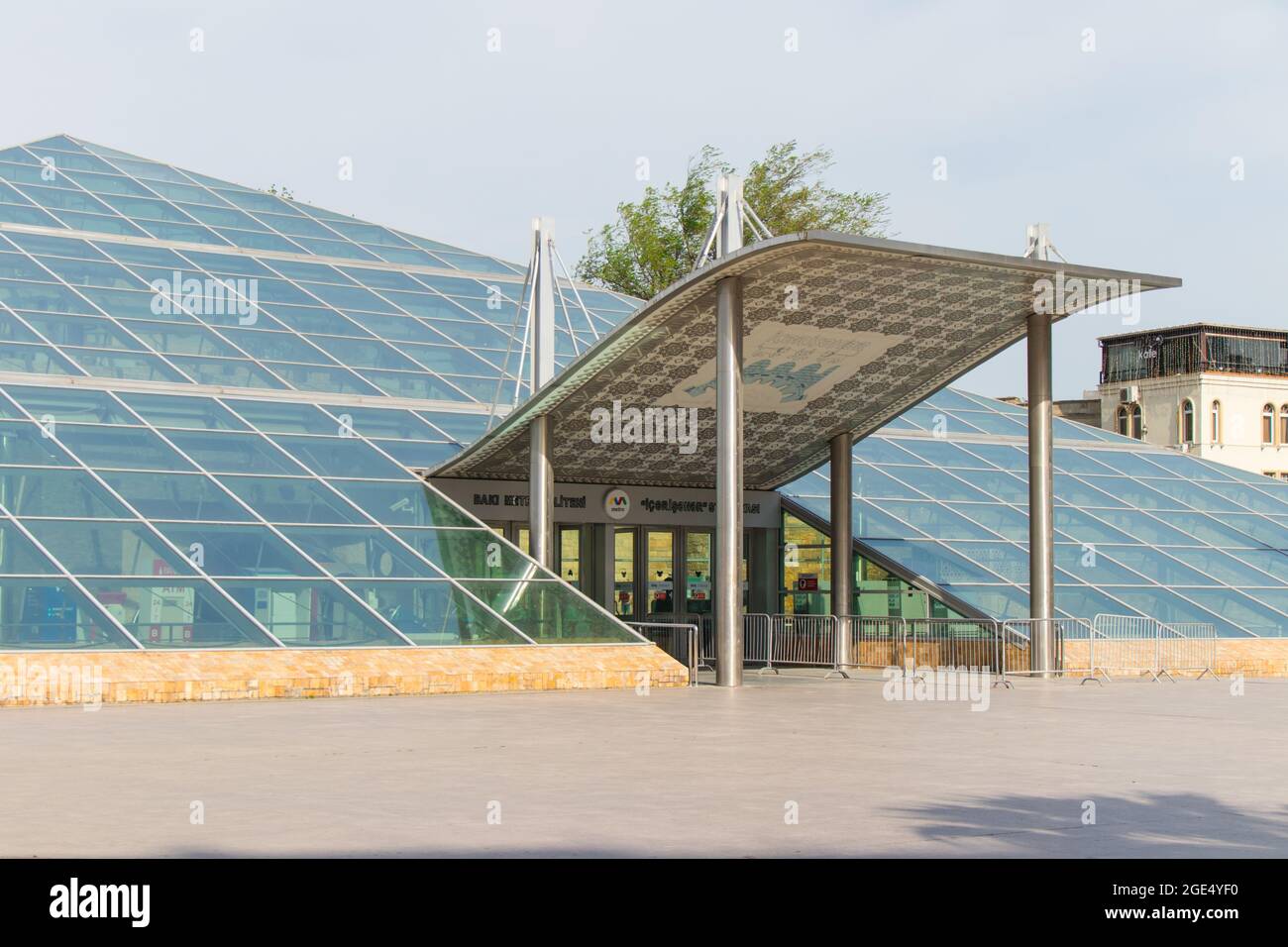 Icherisheher subway entrance. Metro station in Baku. Modern glass ...
