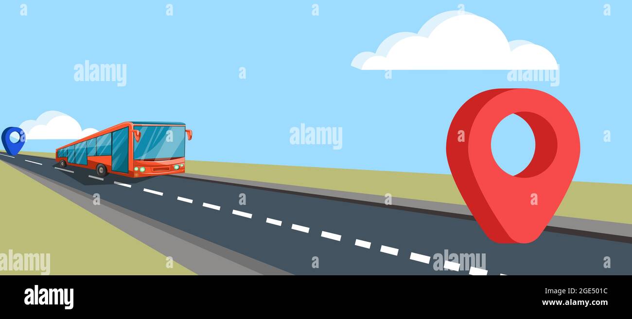 Vector image. Moving a bus on an asphalt road from one point to another ...