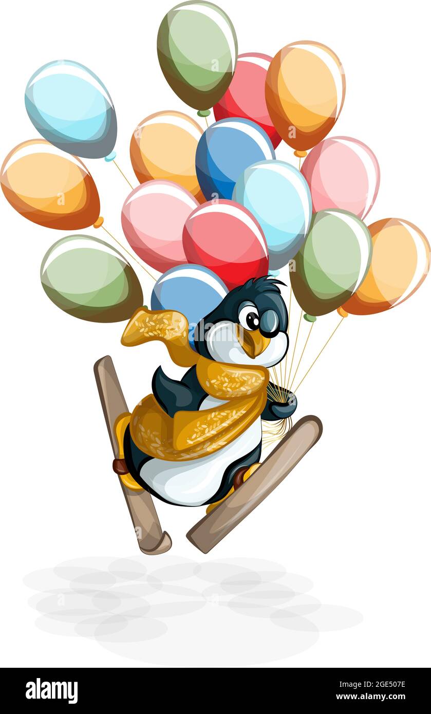 Vector image of a penguin in a comic form on skis with a huge bunch of ...