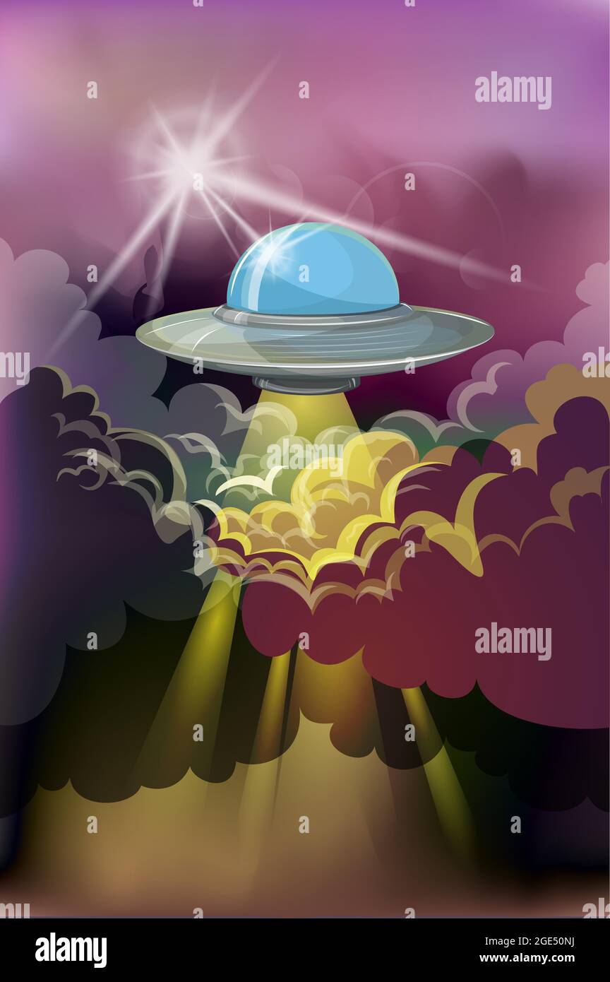 Vector image of a ufo above the clouds. Concept. Cartoon style. EPS 10 ...