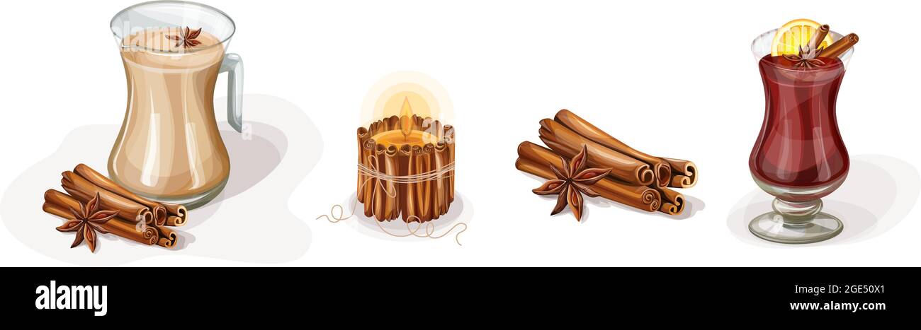 Vector image of cinnamon and some variations of its use. Set. Cartoon ...
