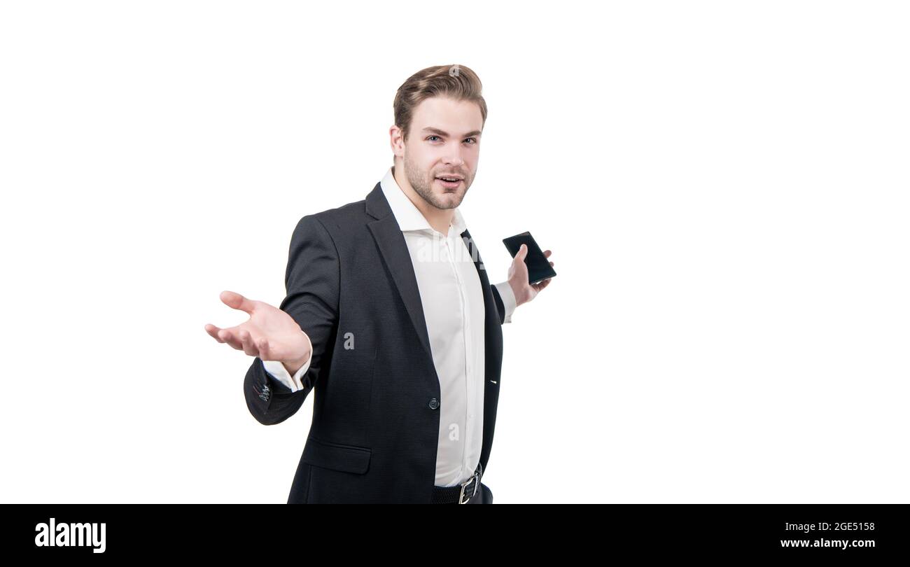 Presenting product. Businessman hold smartphone showing open hand ...