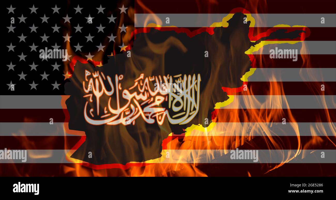 An outline map of Afghanistan and Taliban insignia on fire against the ...