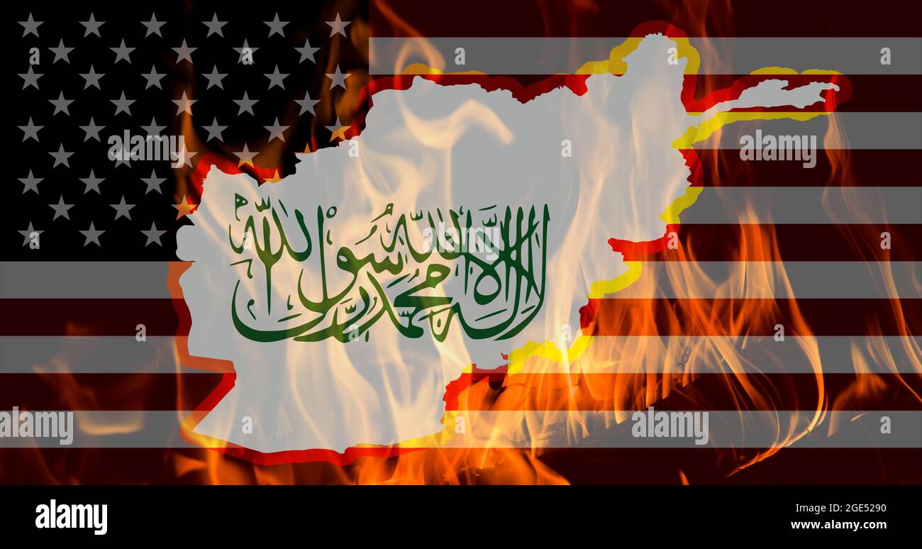 An outline map of Afghanistan and Taliban insignia on fire against the ...