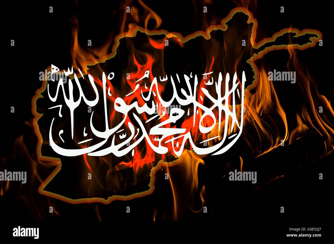 Afghanistan outline map and Taliban insignia with burning fire ...